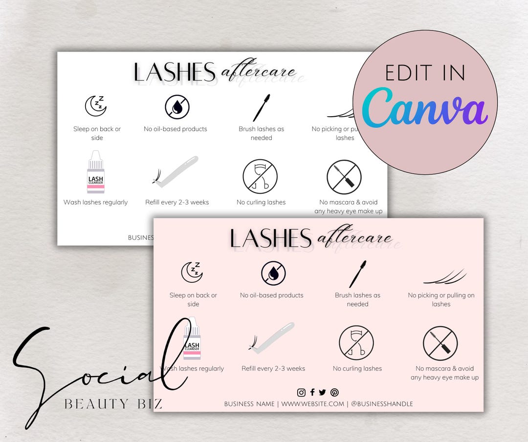Editable Lashes Aftercare Card Instant Download PDF File Ready to Use ...