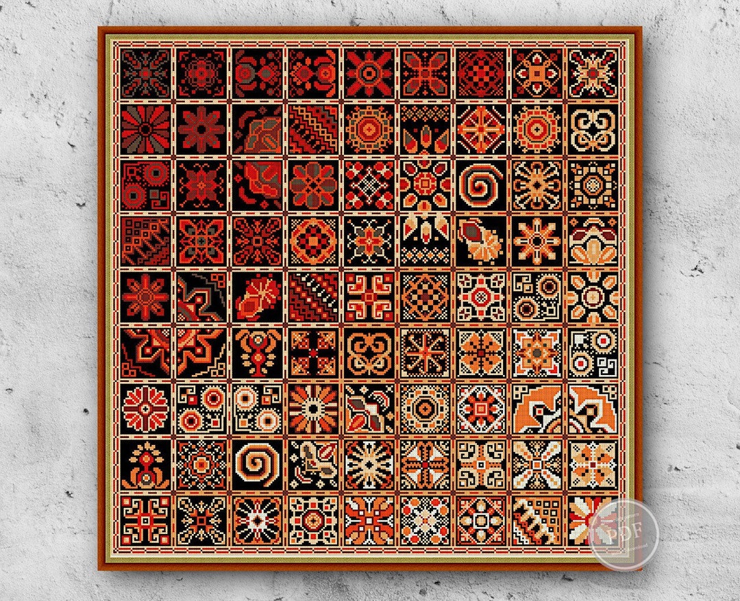 Sampler Cross Stitch Patchwork Tiles Geometric Squares Red Ethnic Folk ...