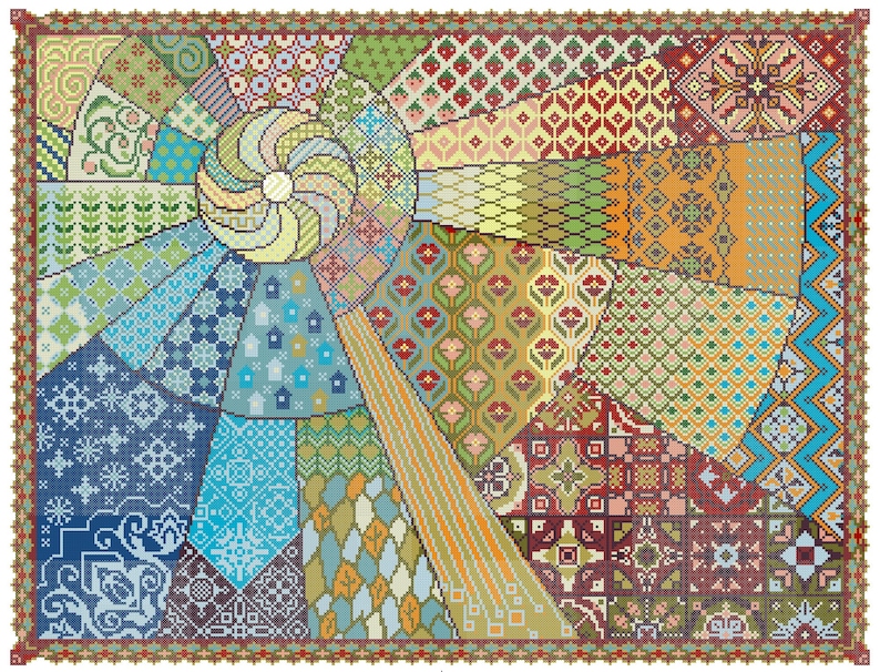 Cross Stitch PDF Pattern Textile Collage With Bright Ornaments Sunny ...