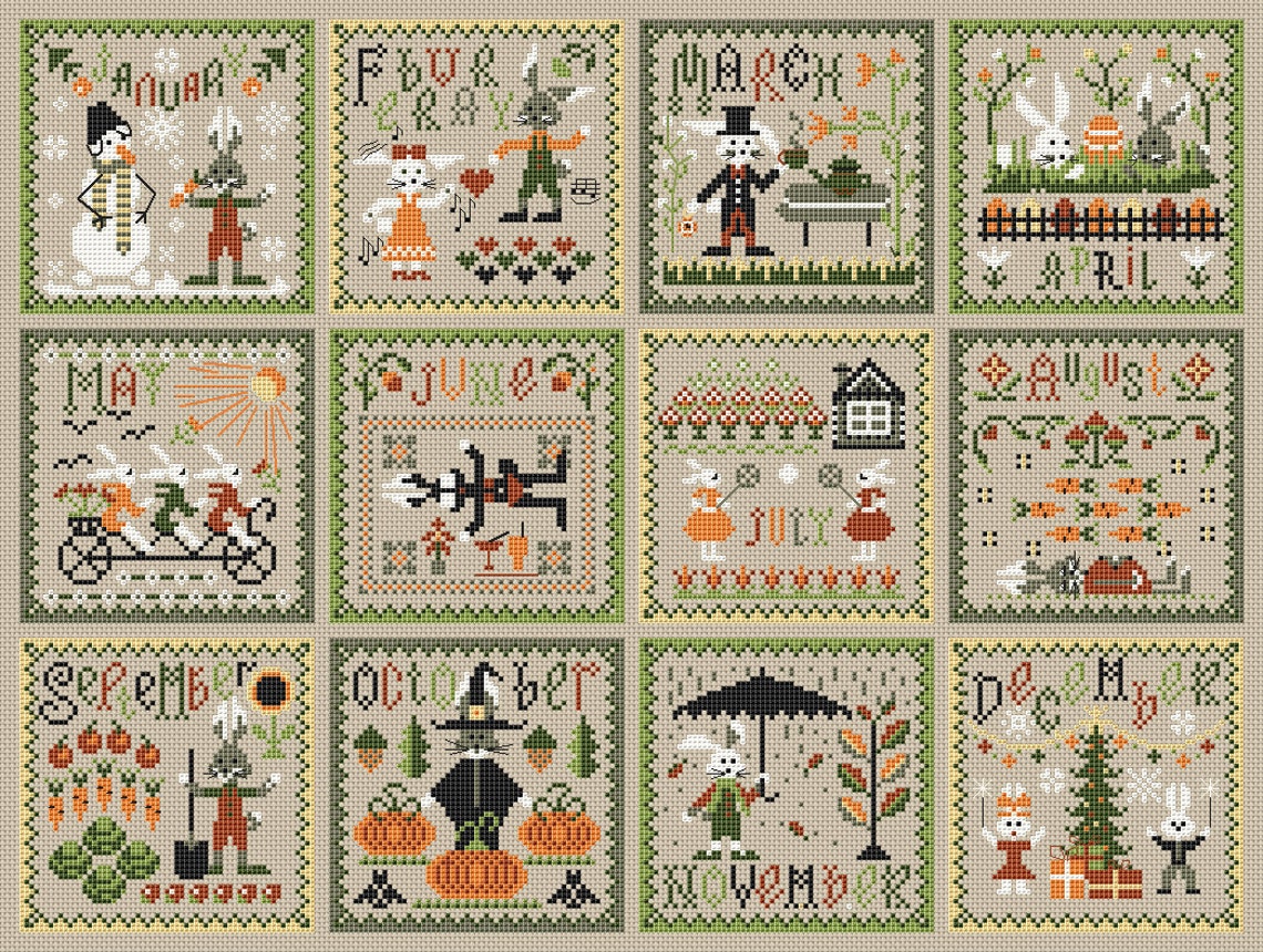 Cross Stitch Months Year Bunny Pattern PDF Primitive Modern Folk ...