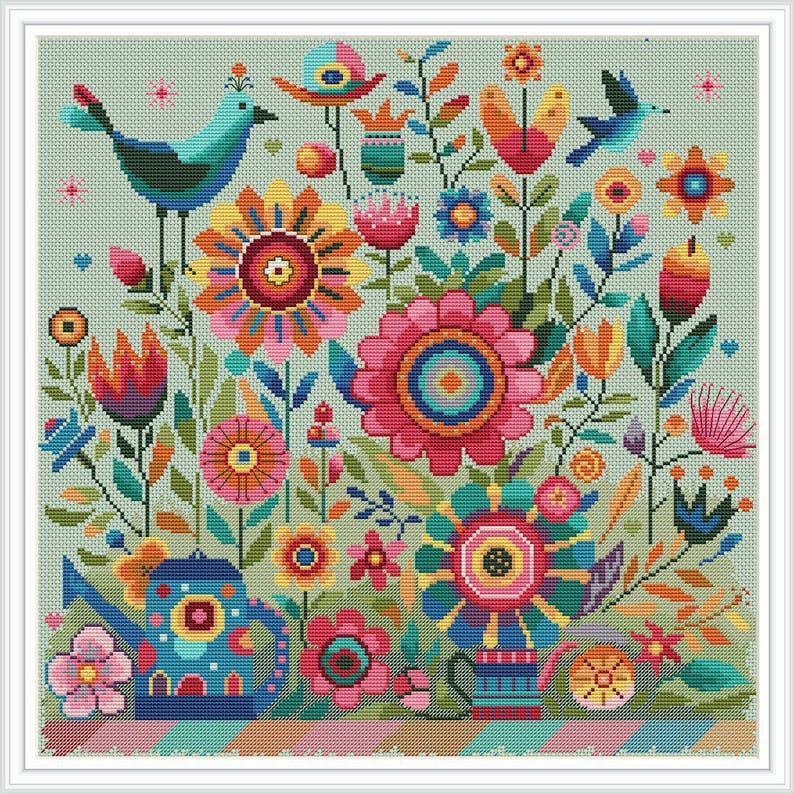 Folk Cross Stitch PDF Pattern With Birds and Flowers, Colorful Counted ...