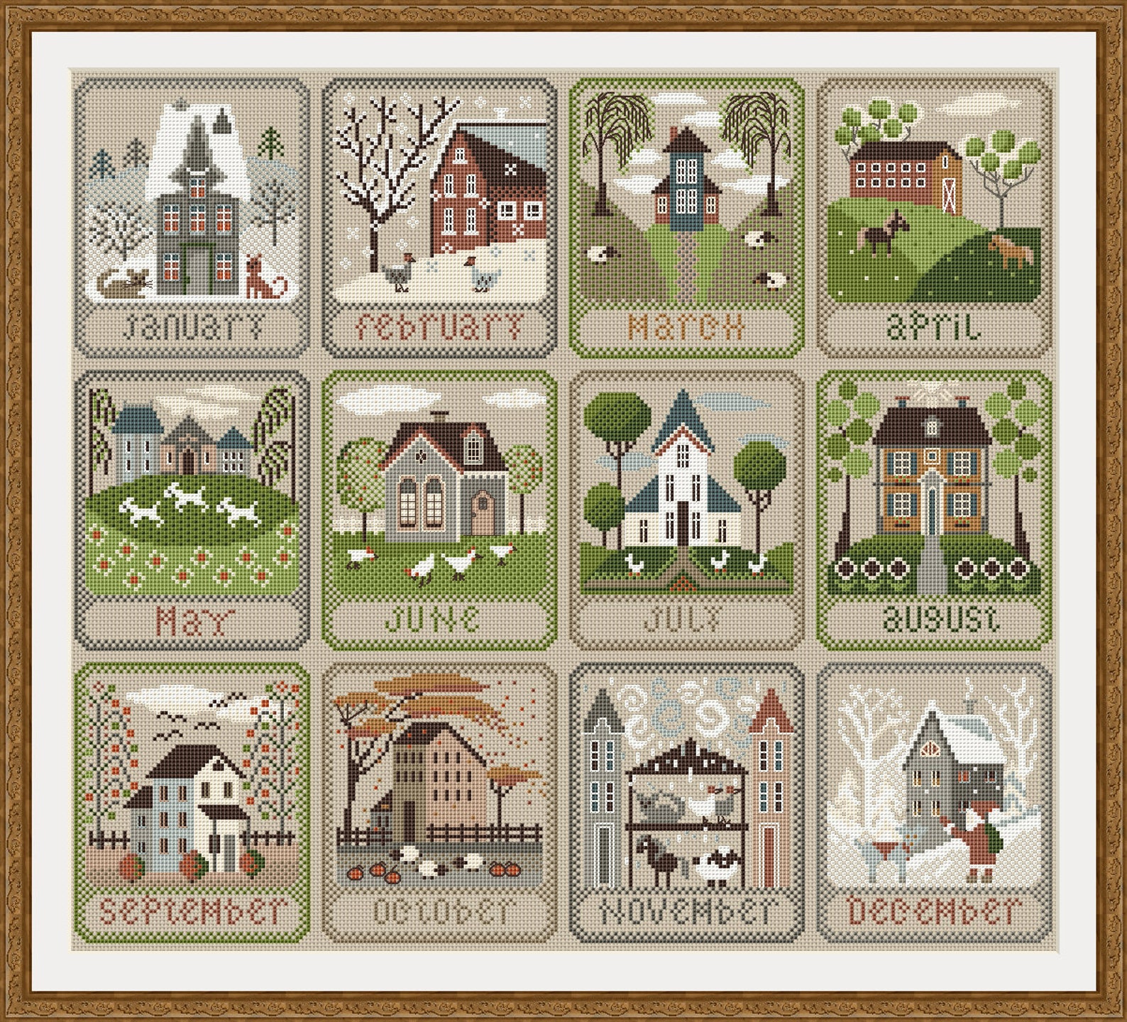 Cross Stitch Calendar Primitive Sewing Months of the Year Village ...
