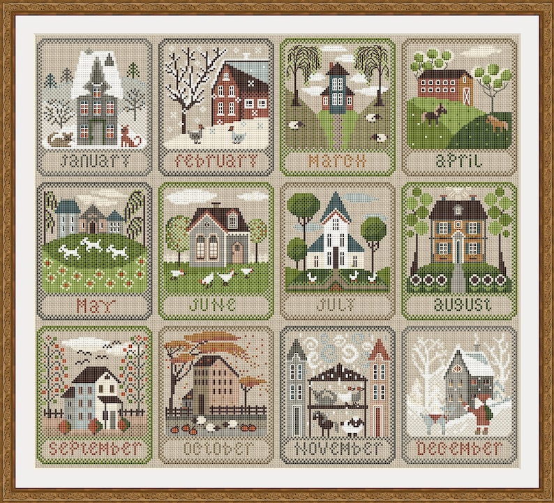 Cross Stitch Calendar Primitive Sewing Months of the Year Village ...