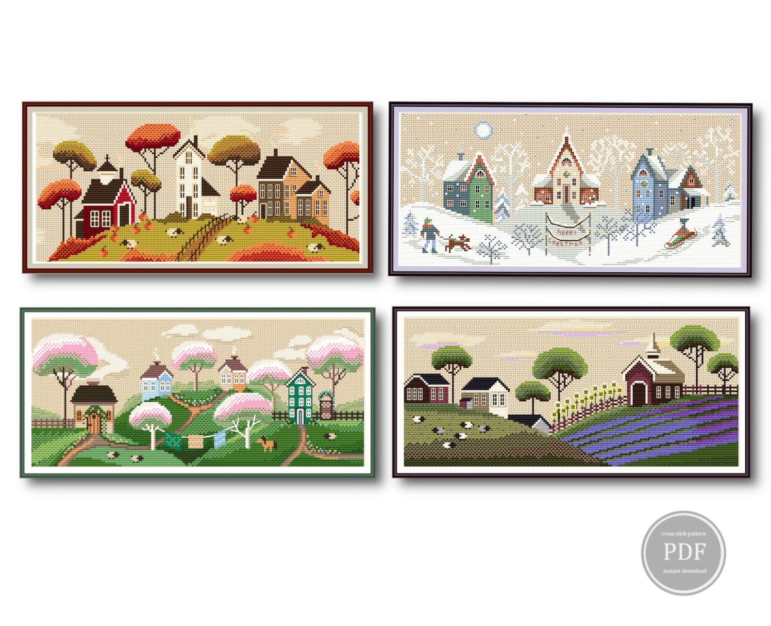 Cross Stitch Pattern Sampler 4 Seasons Pattern Set Village - Etsy