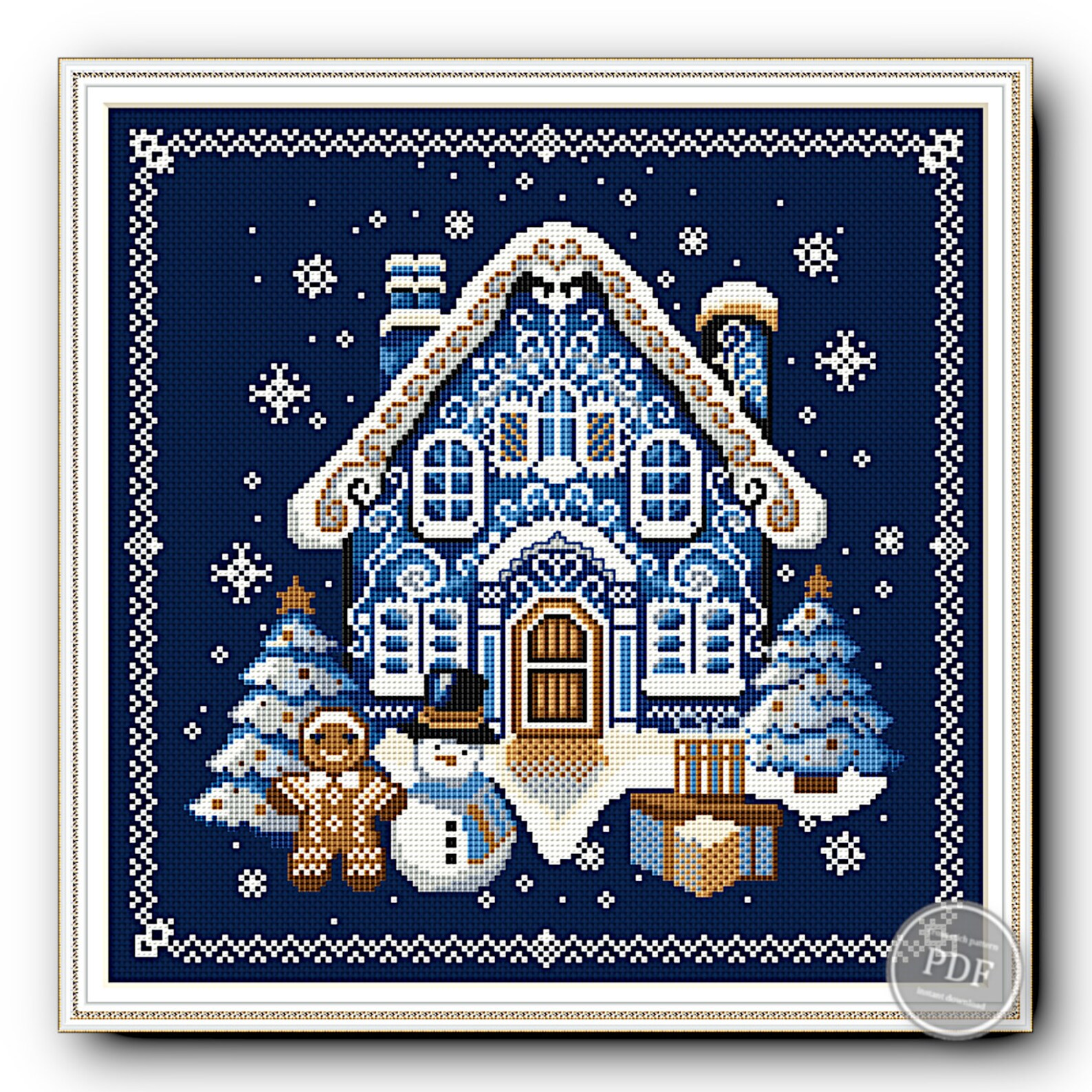 Cross Stitch Pattern Blue Gingerbread House Christmas Cross Stitch ...