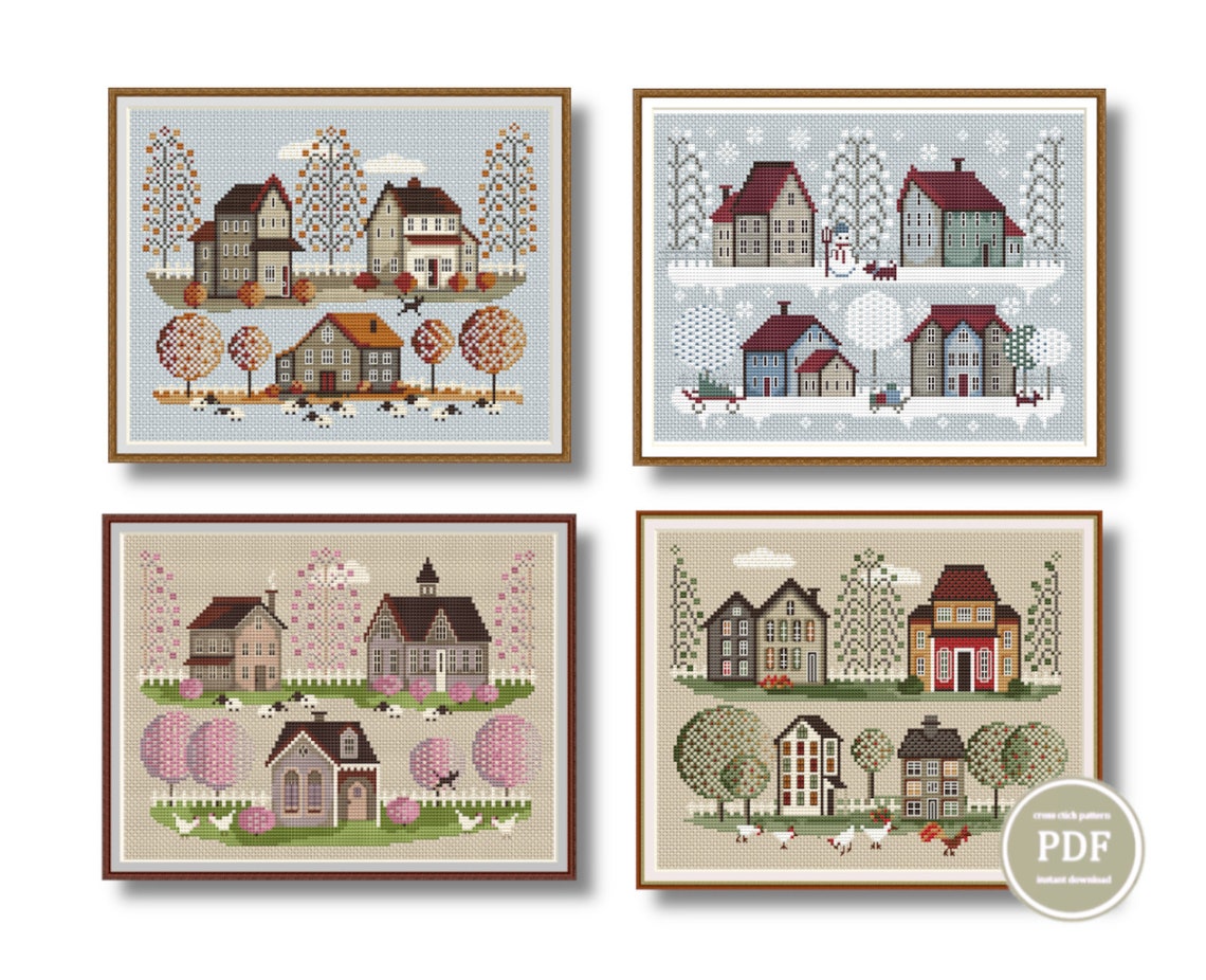 Cross Stitch Pattern Sampler 4 Seasons Pattern Set Village - Etsy