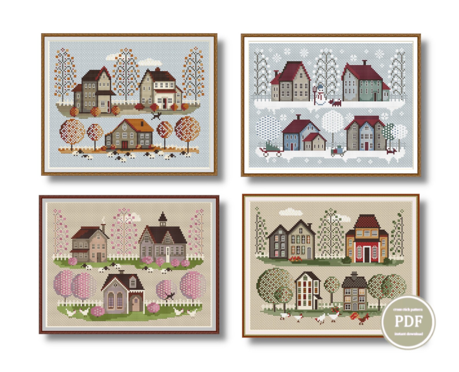 Cross Stitch Pattern Sampler 4 Seasons Pattern Set Village Embroidery ...