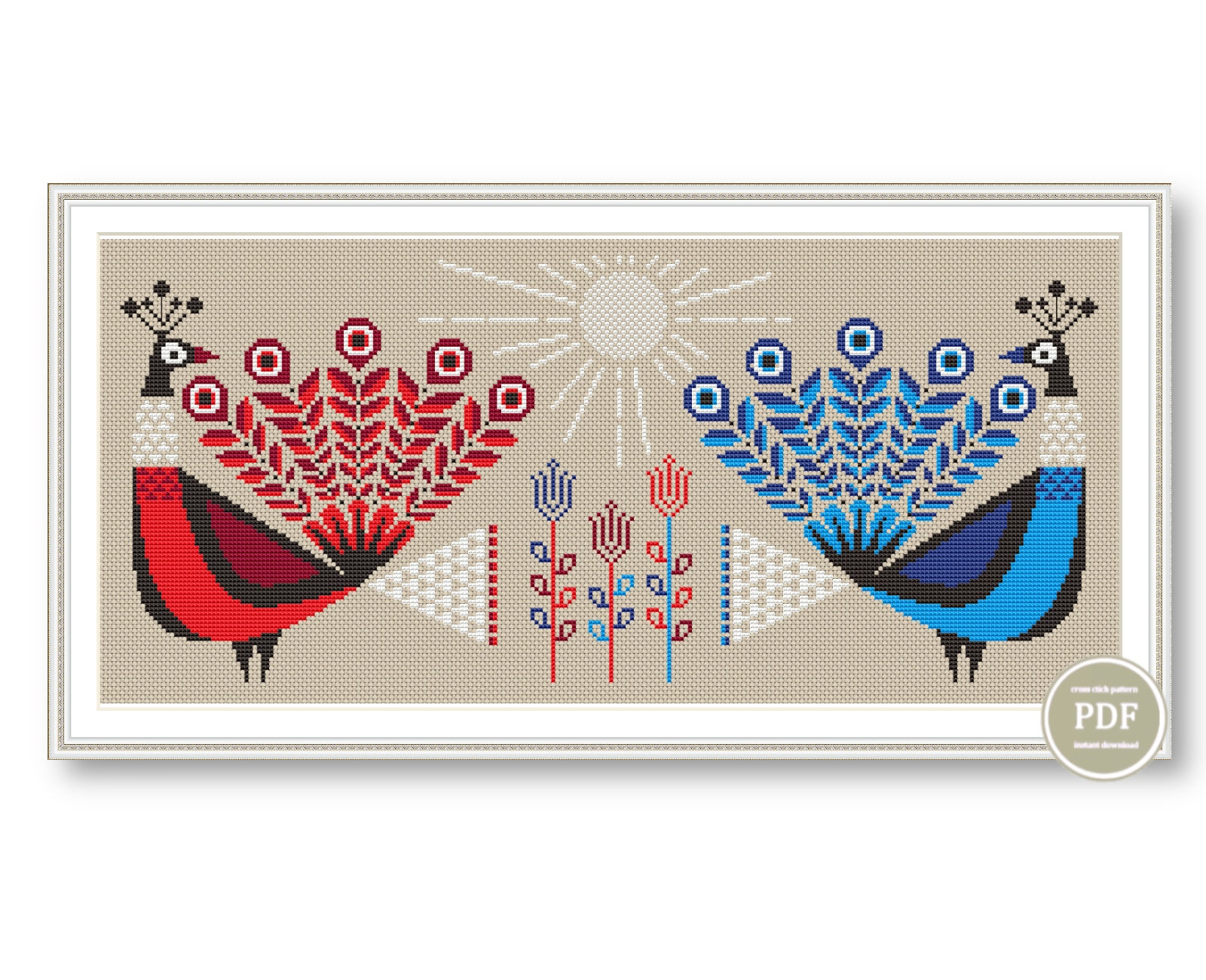 Primitive Pattern Scandinavian Bird Cross Stitch Sampler - Etsy