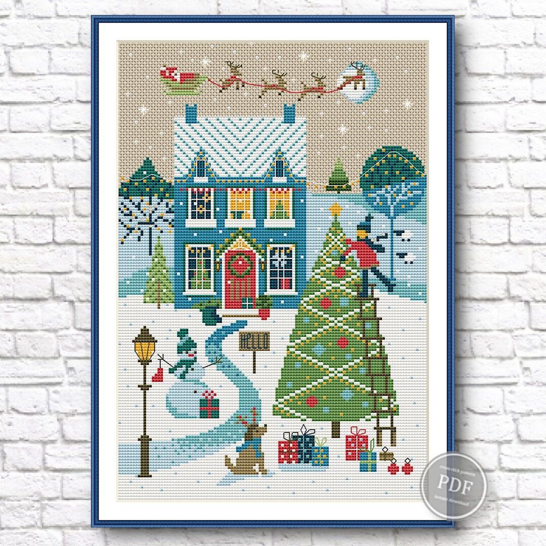 Merry Christmas Cross Stitch Pattern PDF - Santa Over Village, Holiday ...