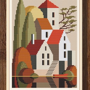 Cross Stitch Minimal Art Set of 4 Houses Cross Stitch Chart Primitive ...