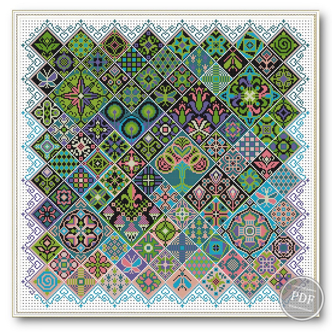 Cross Stitch Sampler Mosaic Geometric Cross Stitch Garden Green Cross ...
