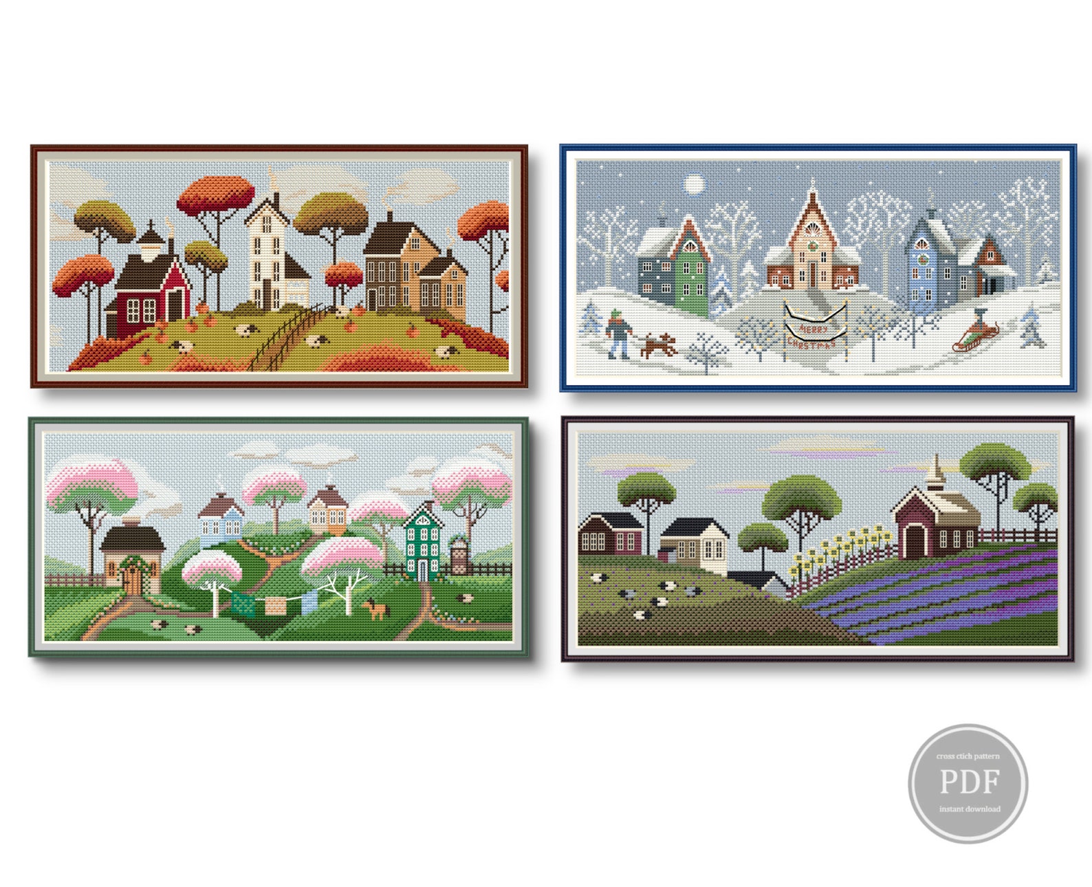 Cross Stitch Pattern Sampler 4 Seasons Pattern Set Village - Etsy
