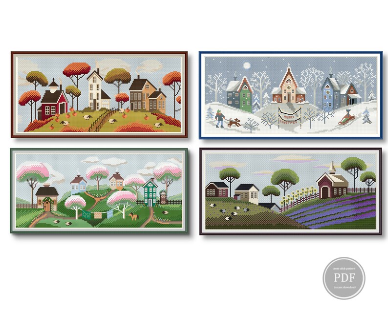 Cross Stitch Pattern Sampler 4 Seasons Pattern Set Village - Etsy