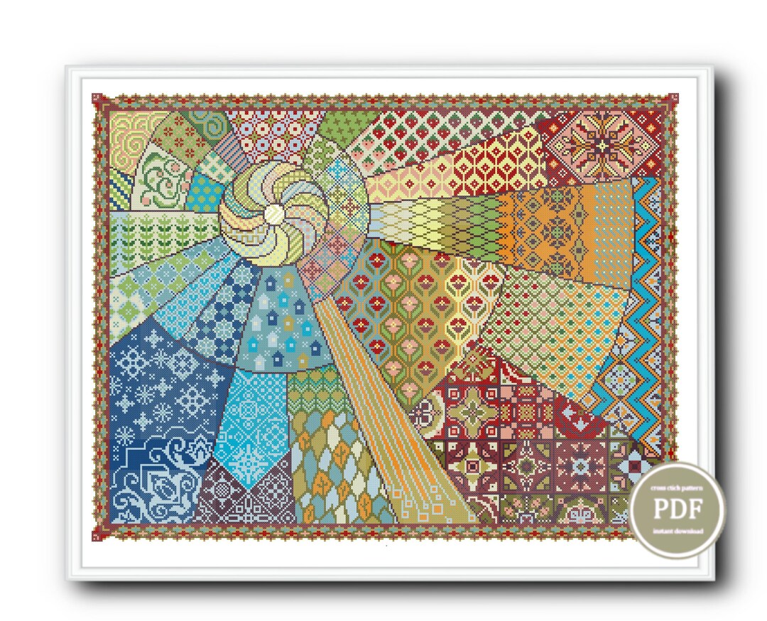 Cross Stitch PDF Pattern Textile Collage With Bright Ornaments Sunny ...