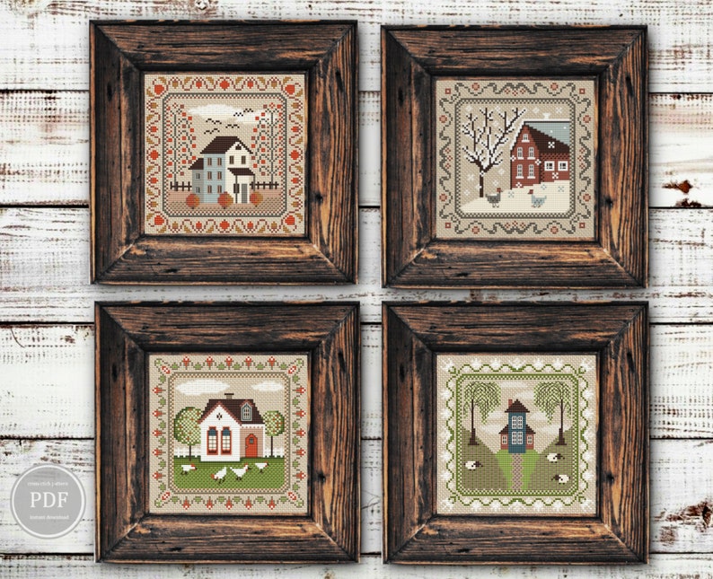 Cross Stitch Pattern Sampler 4 Seasons Pattern Set Village Embroidery ...