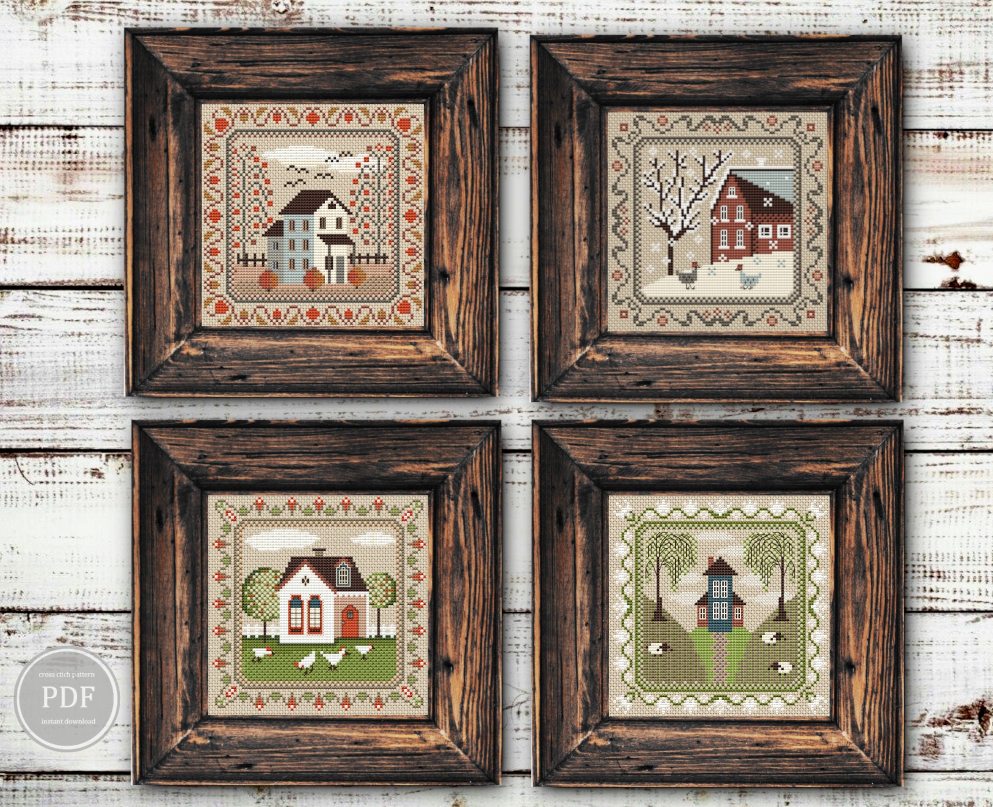 Cross Stitch Pattern Sampler 4 Seasons Pattern Set Village - Etsy