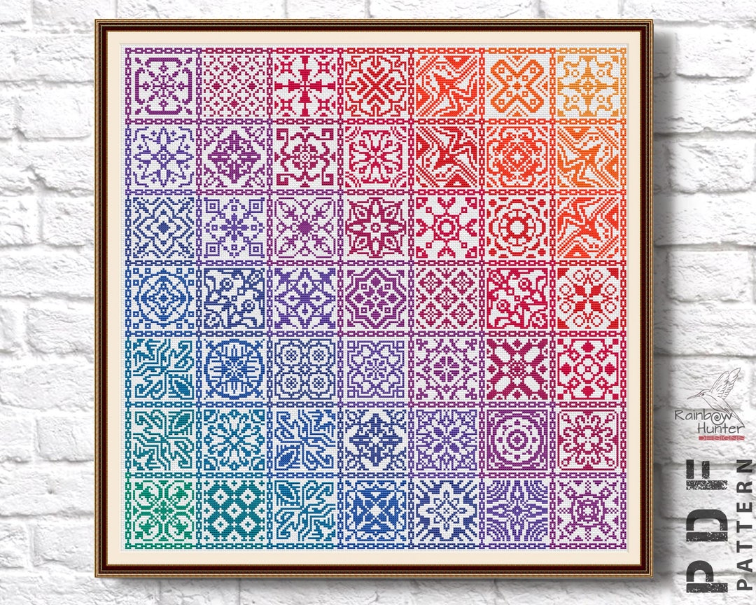 Patchwork Cross Stitch Iridescent Sampler Cross Stitch Pattern Quaker Xstitch Folk Squares Tile ...