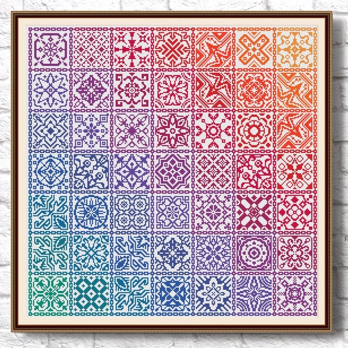 Patchwork Blue Cross Stitch Pattern Iridescent Sampler Blue - Etsy