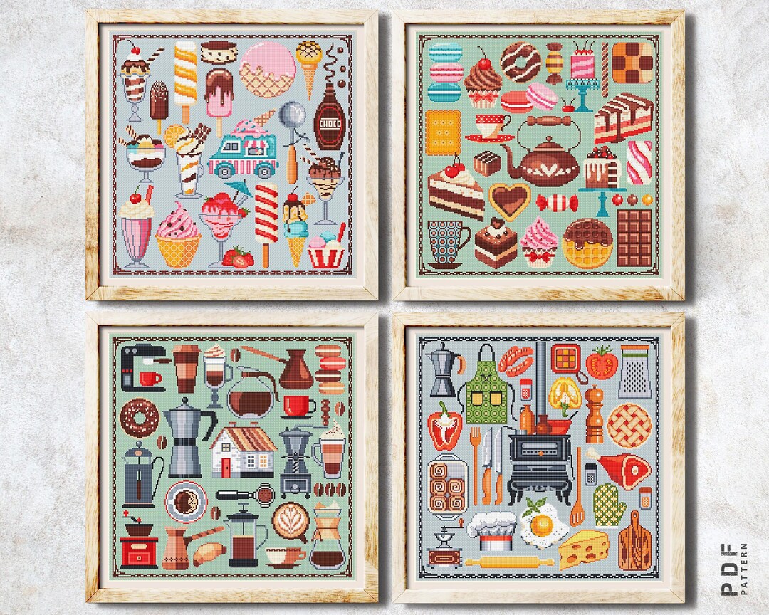 Kitchen Cross Stitch Set of 4 Patterns Food Cross Stitch Chart Kitchen ...