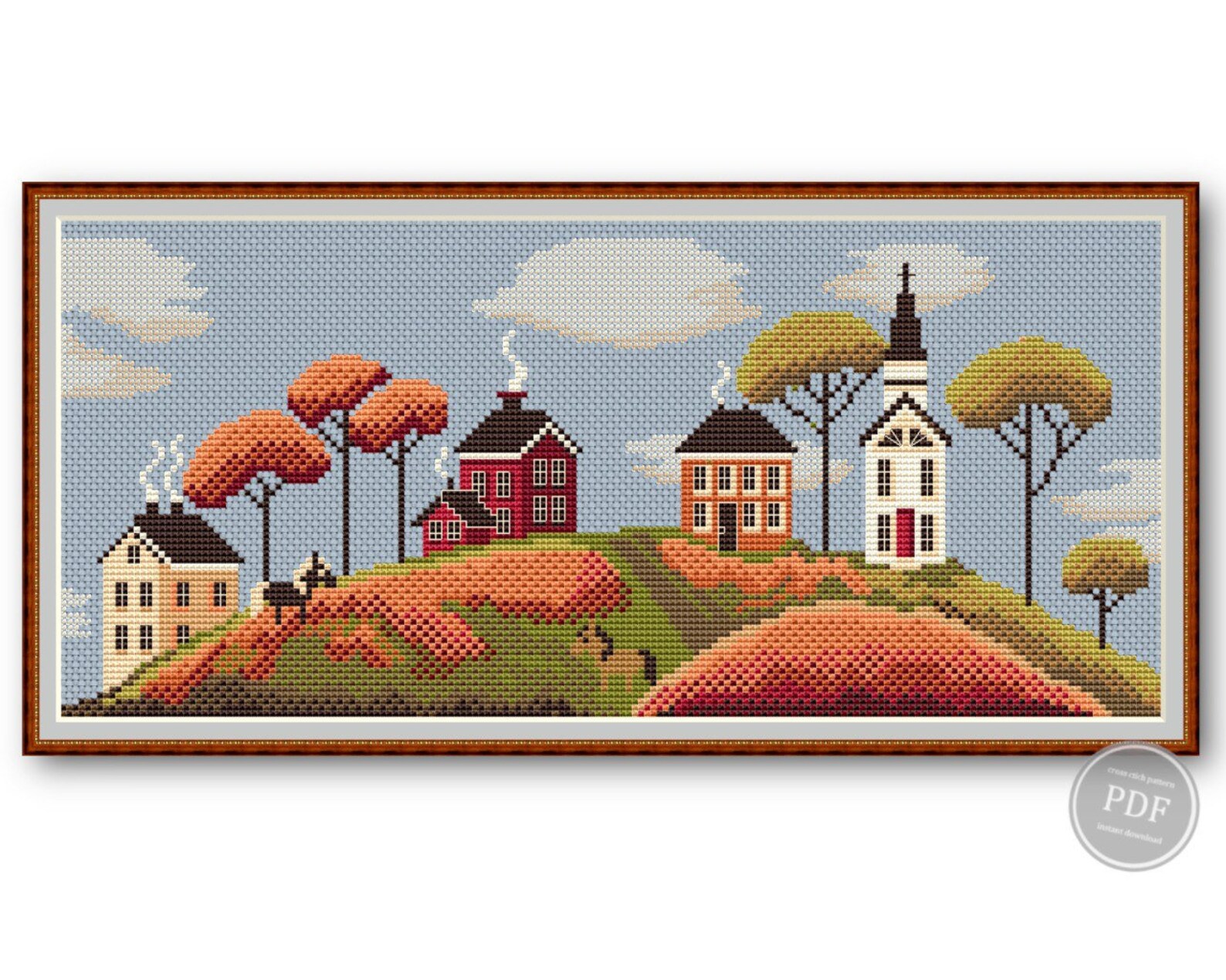 Autumn Village Cross Stitch Pattern PDF #2, Fall Landscape Embroidery ...