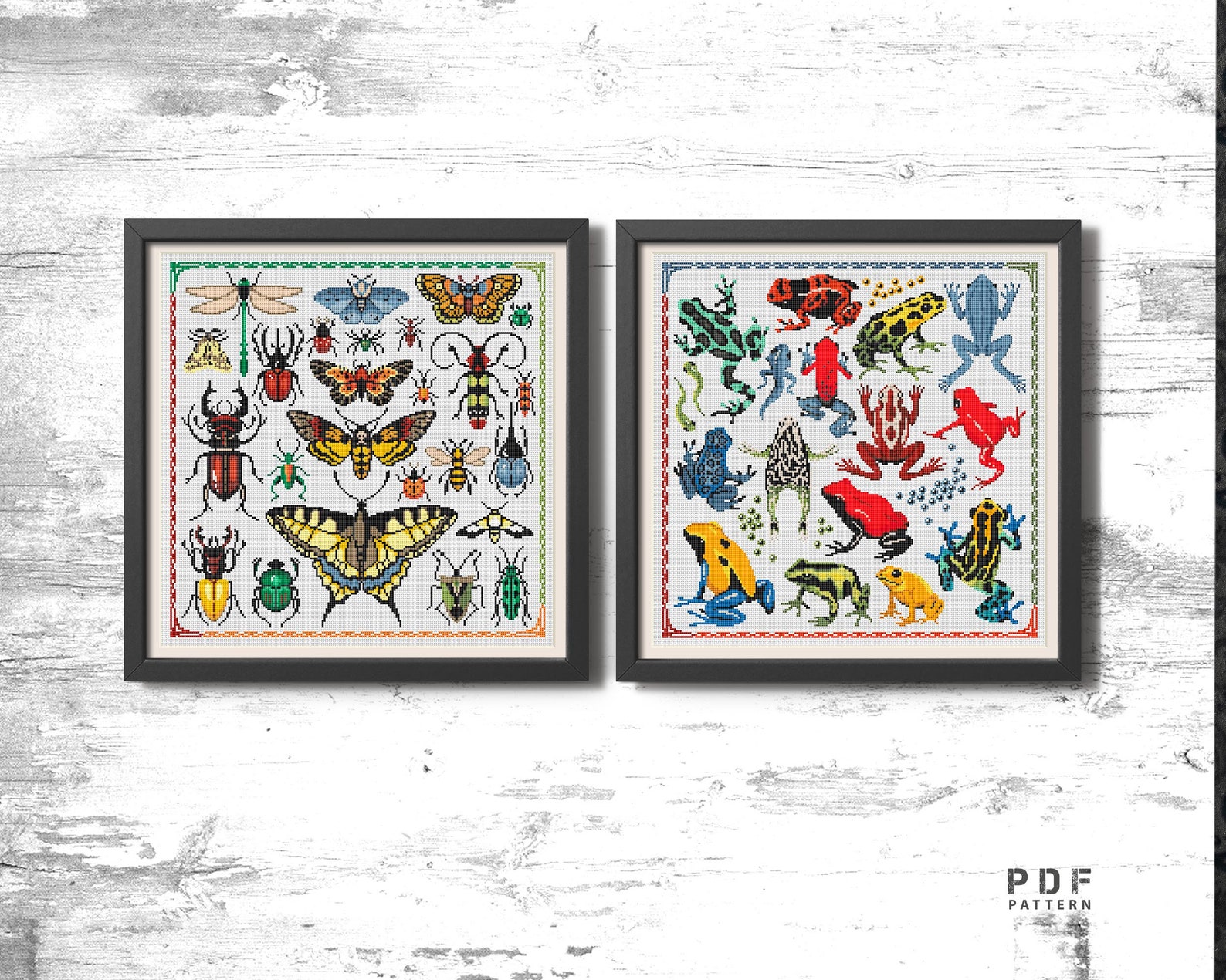 Nature Cross Stitch Pattern Set, Frogs Cross Stitch, Insects Cross ...