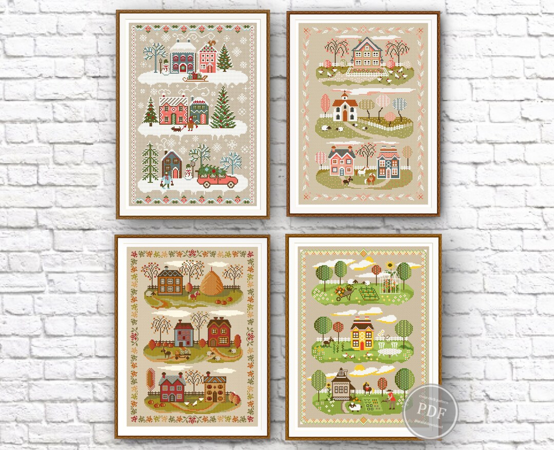 Cross Stitch Pattern Sampler 4 Seasons Pattern Set Village Embroidery ...