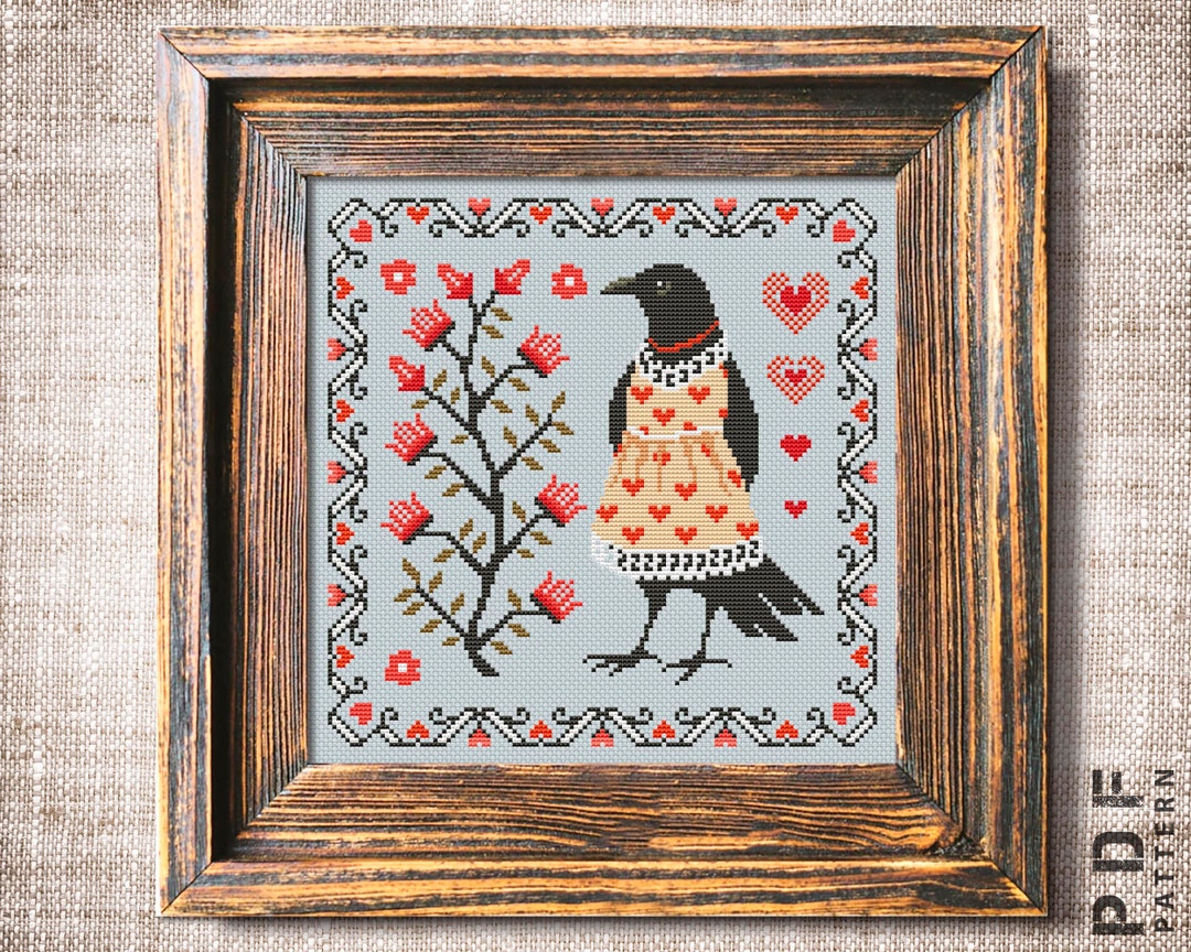 Crow Sampler Cross Stitch Pattern PDF Hearts Xstitch Simple Embroidery ...