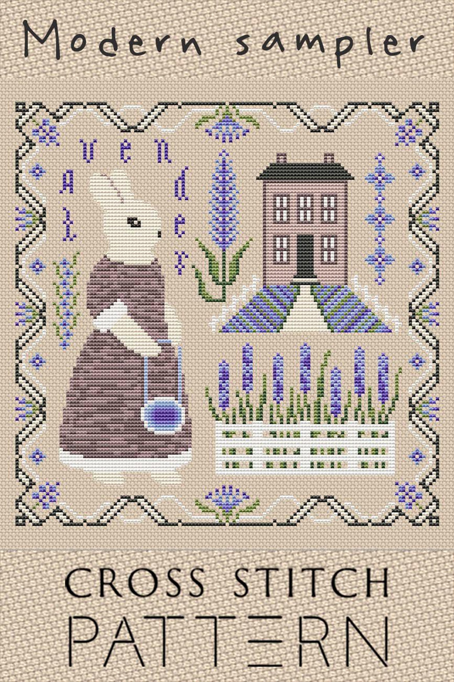Lavender Sampler Cross Stitch PDF Cute Bunny Girl Folk Sampler Floral ...