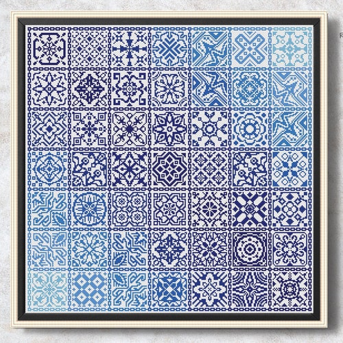 Patchwork Blue Cross Stitch Pattern Iridescent Sampler Blue - Etsy