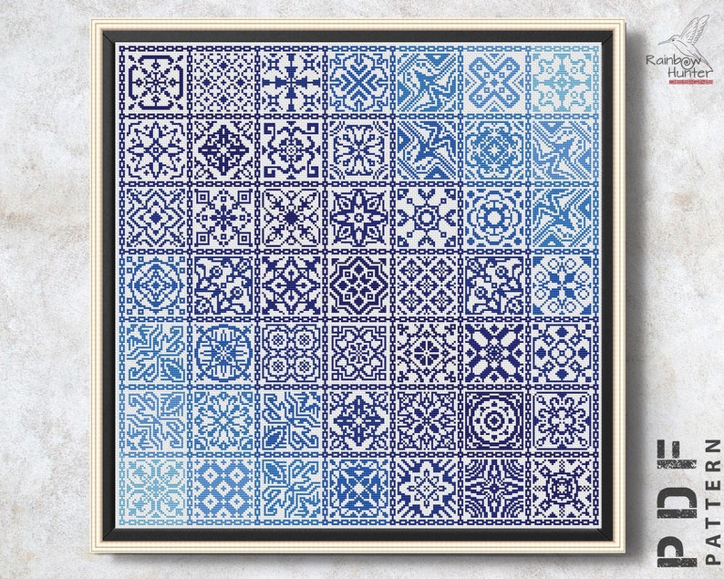 Patchwork Blue Cross Stitch Pattern Iridescent Sampler Blue - Etsy