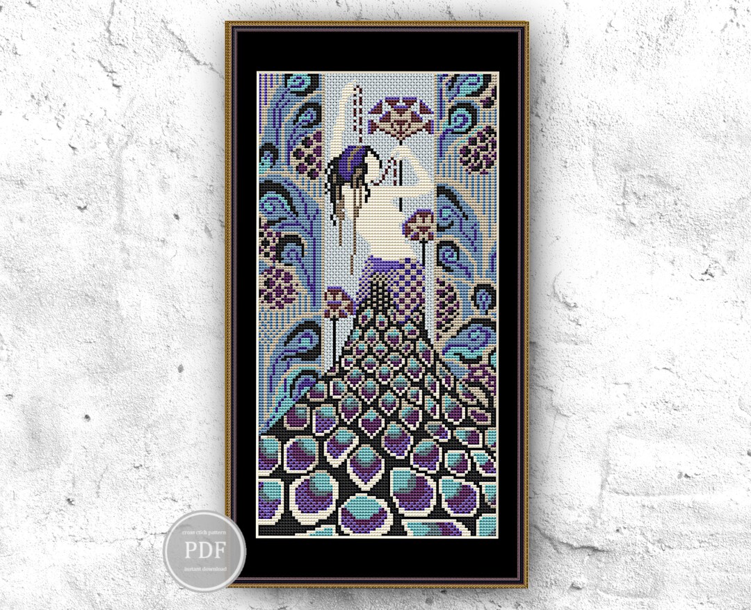 Cross Stitch, 1920s Art Deco Pastiche, Stylized Lady With Peacock ...
