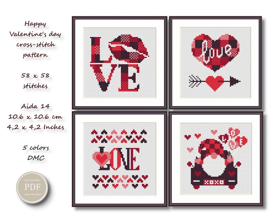 Valentine's Day Cross Stitch Set PDF - 4 Patterns of Heart, Love, DIY ...