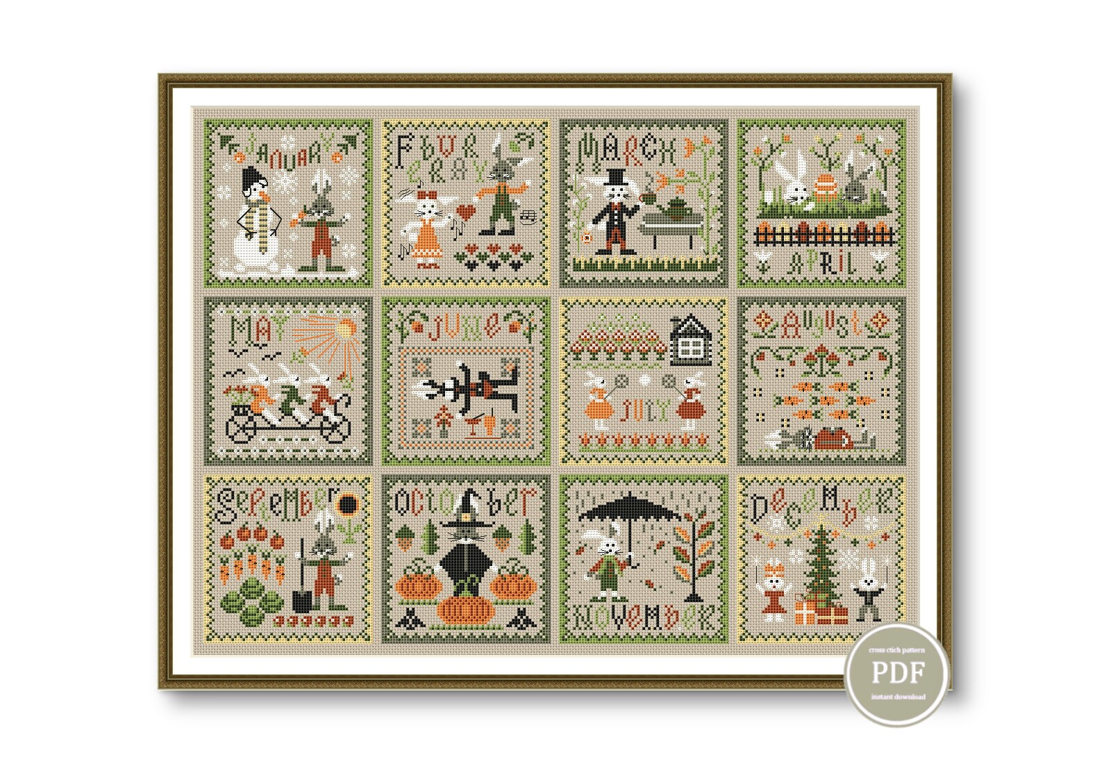 Cross Stitch Months Year Bunny Pattern PDF Primitive Modern Folk ...
