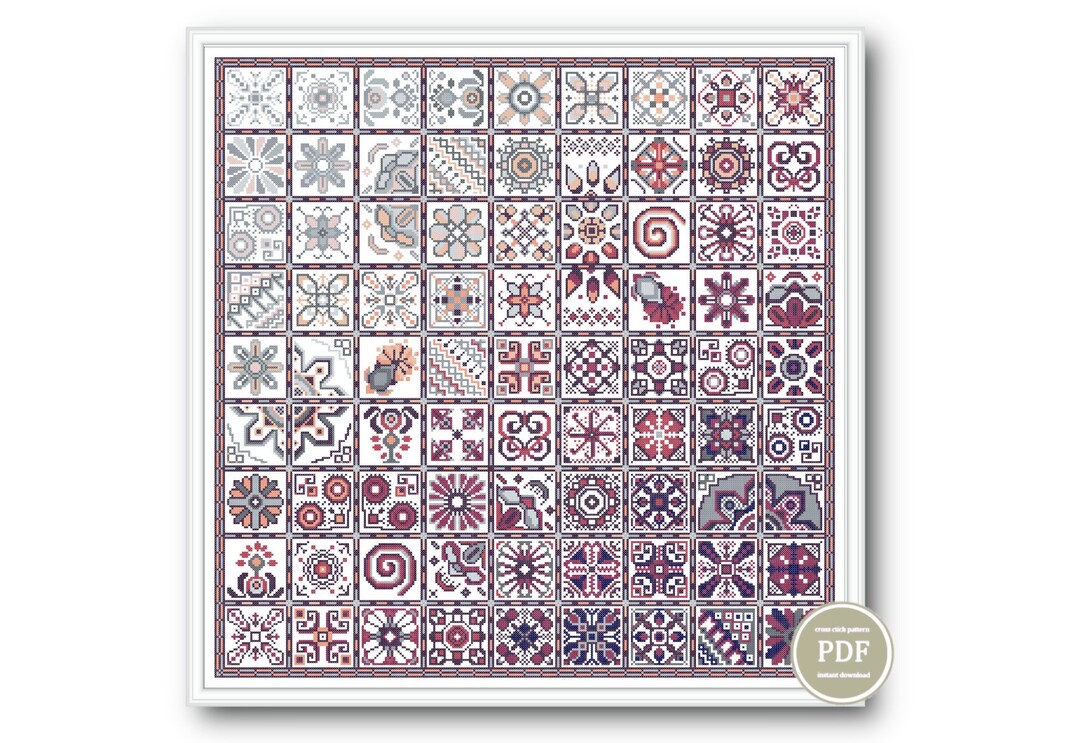 Cross Stitch Sampler Pattern PDF – Geometric Folk Tile Embroidery Chart ...
