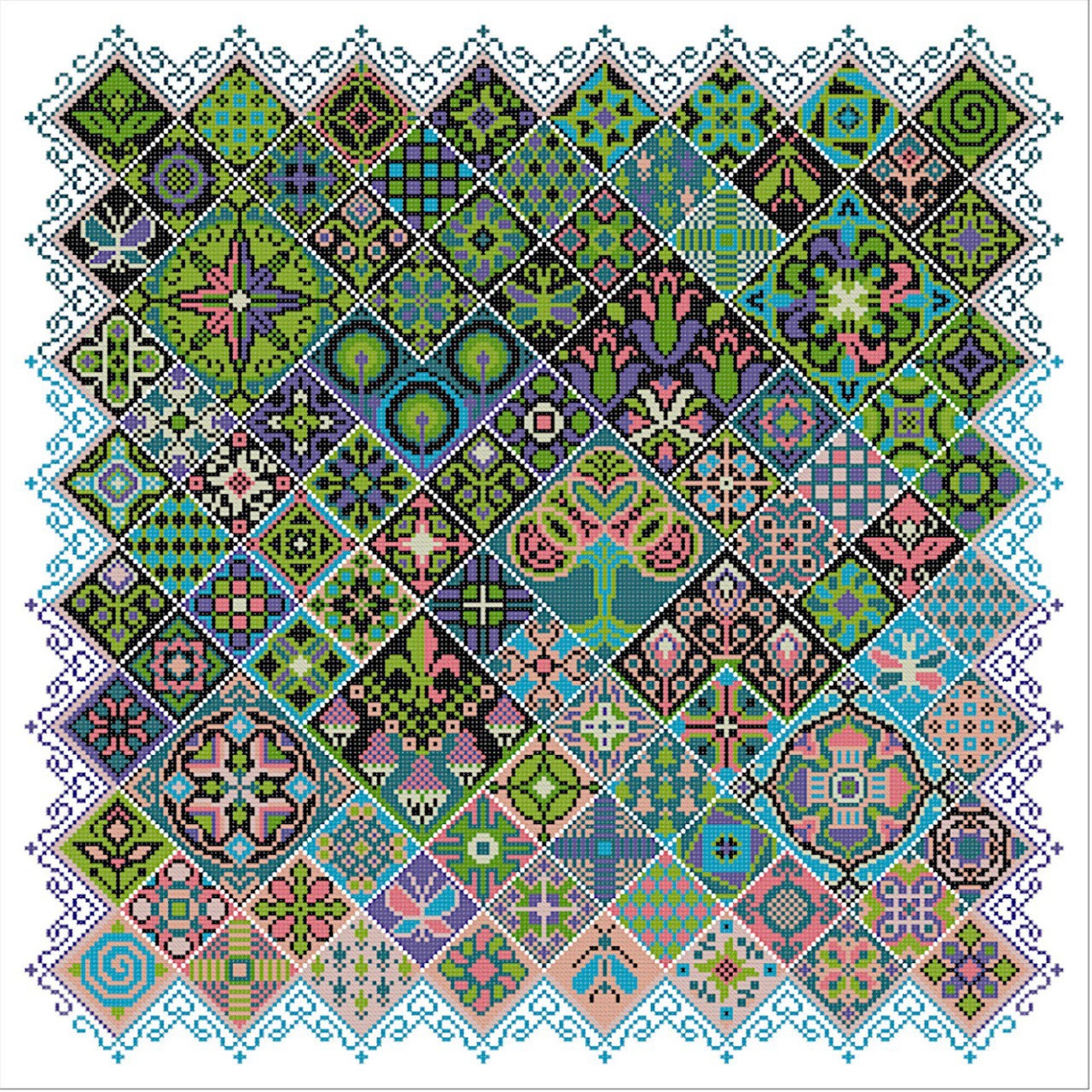 Cross Stitch Sampler Mosaic Geometric Cross Stitch Garden Green Cross ...