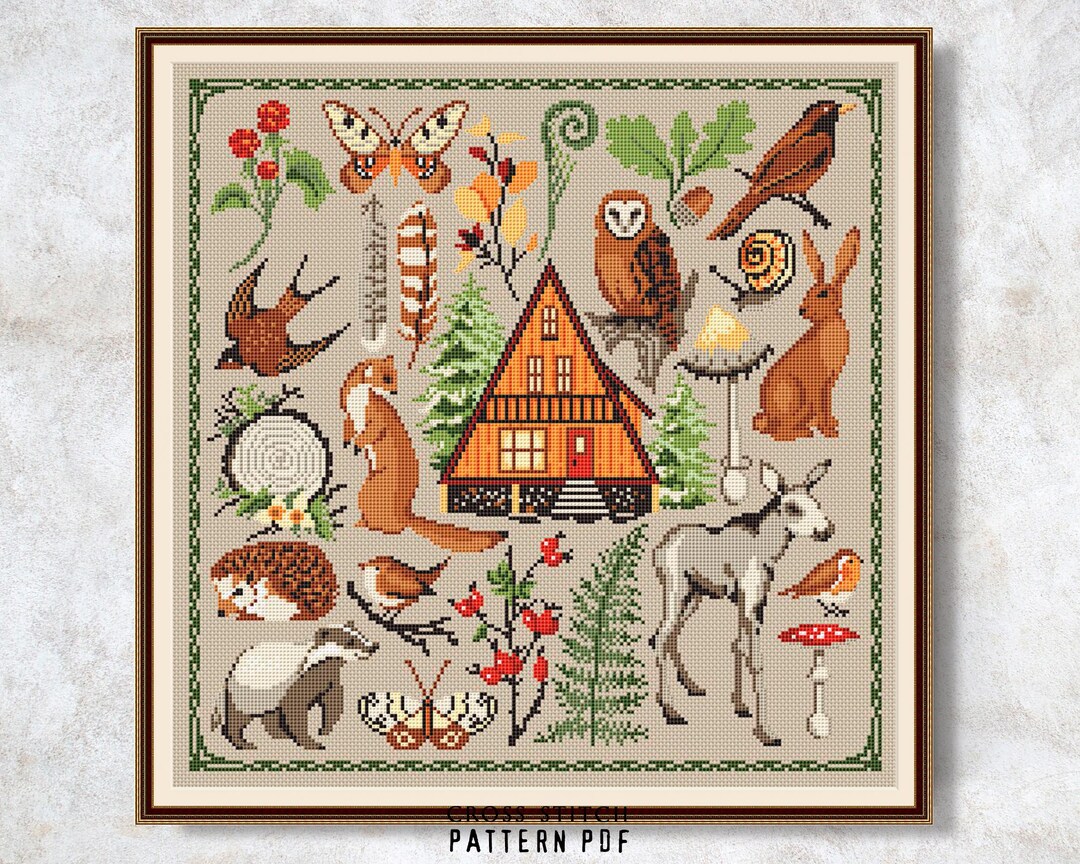 Forest Cross Stitch Pattern PDF Woodland Cottage Stitching Wildlife Nature Cross Stitch Chart ...