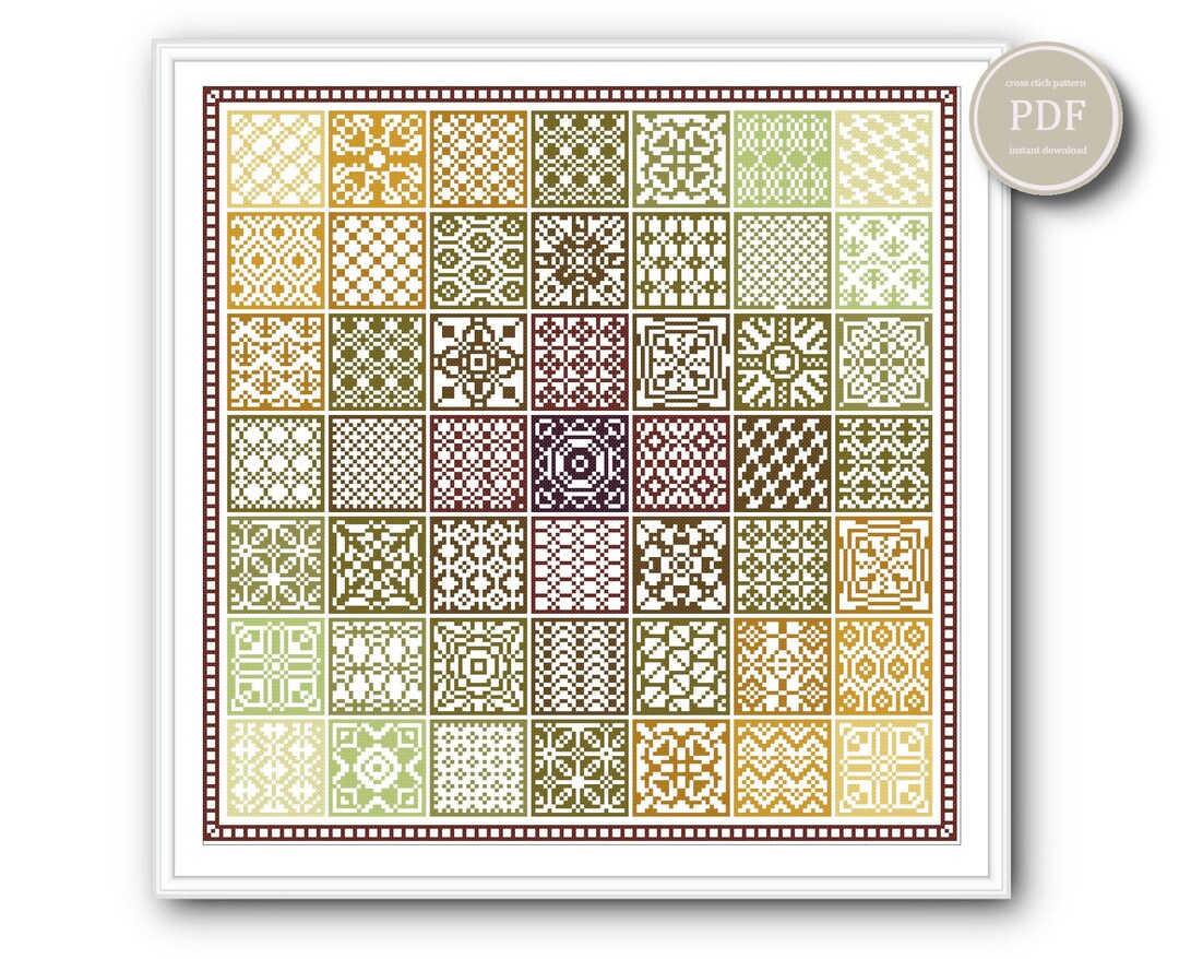 Spring Quaker Cross Stitch Sampler PDF – Green Yellow Folk Tile ...