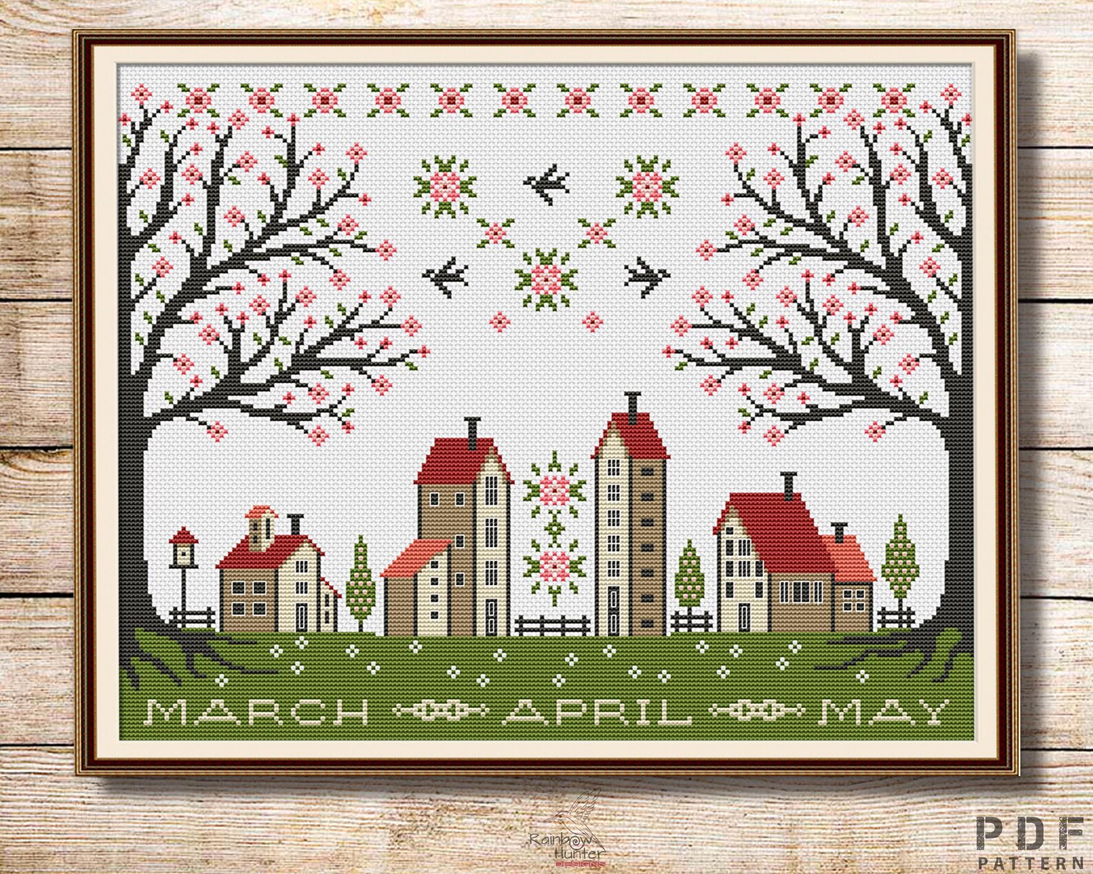 Cross Stitch Pattern Spring Village Tree Cross Stitch Primitive Xstitch ...