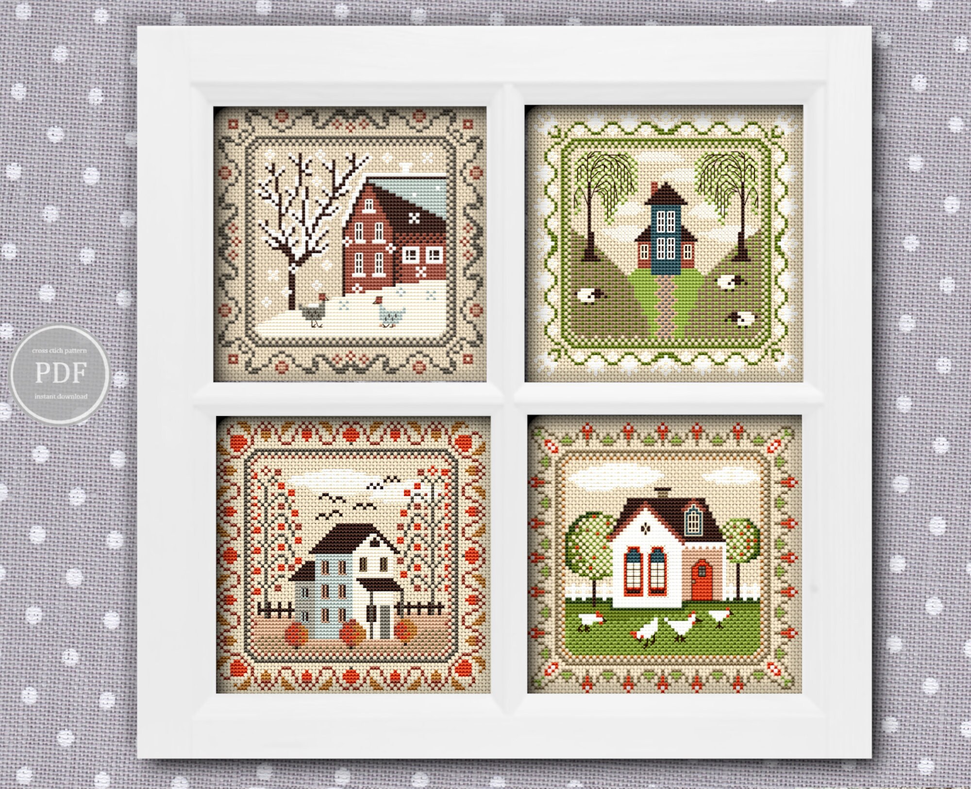 Cross Stitch Pattern Sampler 4 Seasons Pattern Set Village - Etsy