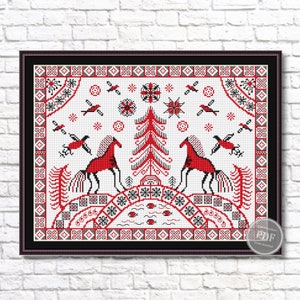 Primitive Christmas Tree and Horses Cross Stitch Pattern PDF - Folk ...