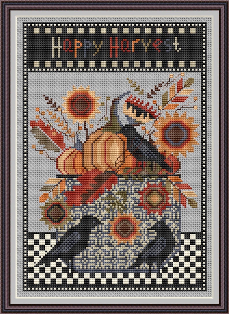 Cross Stitch Pattern Autumn Harvest Sunflowers Pumpkins and Crow Happy ...