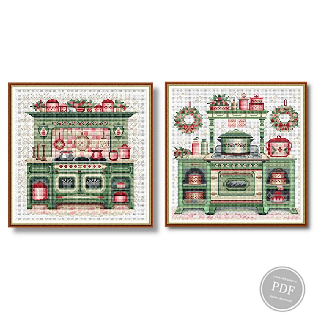 Set 2 Cross Stitch Patterns Vintage Kitchen, Old Kitchen Cross Stitch ...