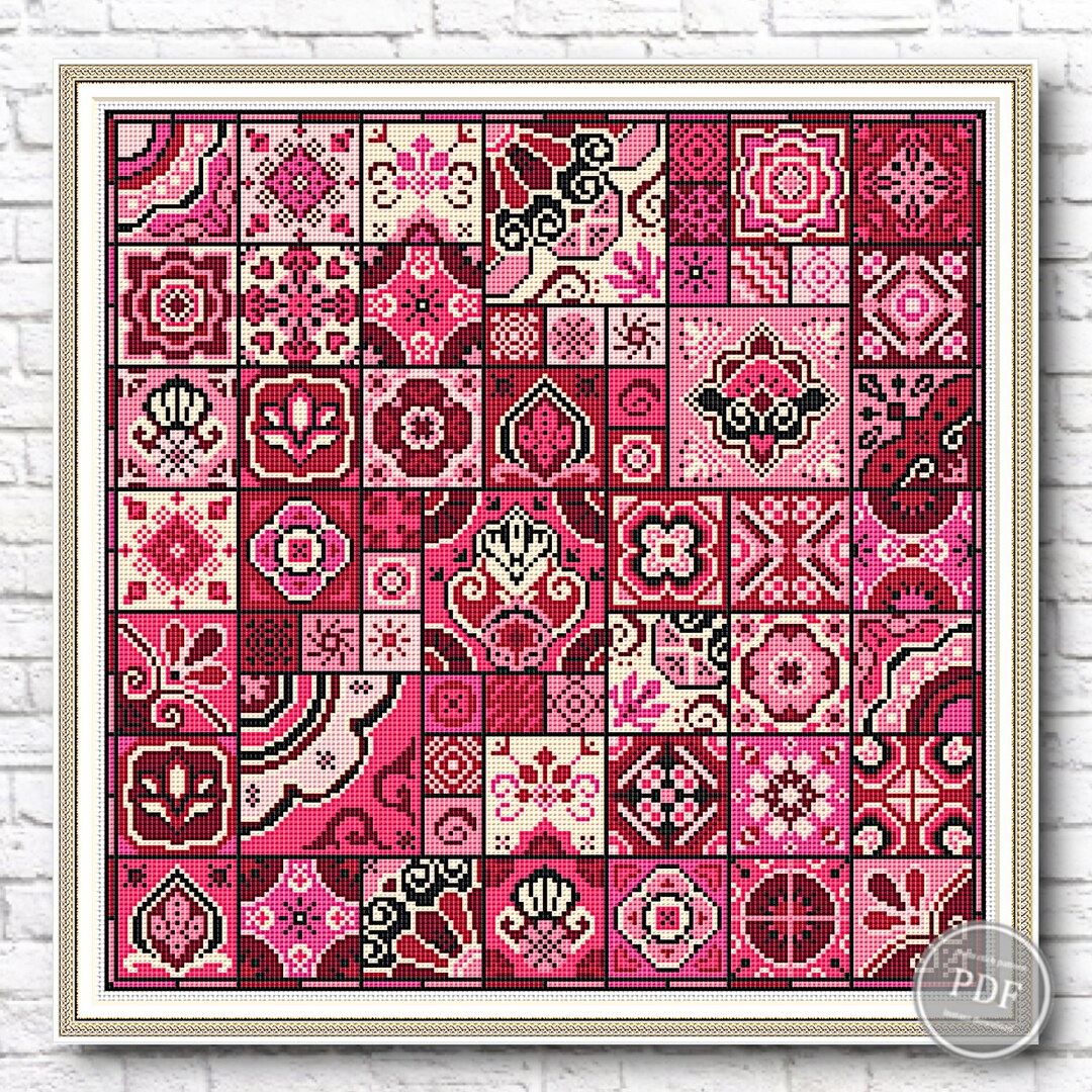 Geometric Cross Stitch Pattern PDF – Pink Patchwork Tile Design #4 ...