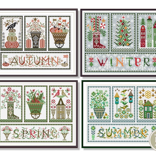 Cross Stitch Pattern Sampler 4 Seasons Pattern Set Village - Etsy