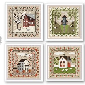 Cross Stitch Pattern Sampler 4 Seasons Pattern Set Village Embroidery ...