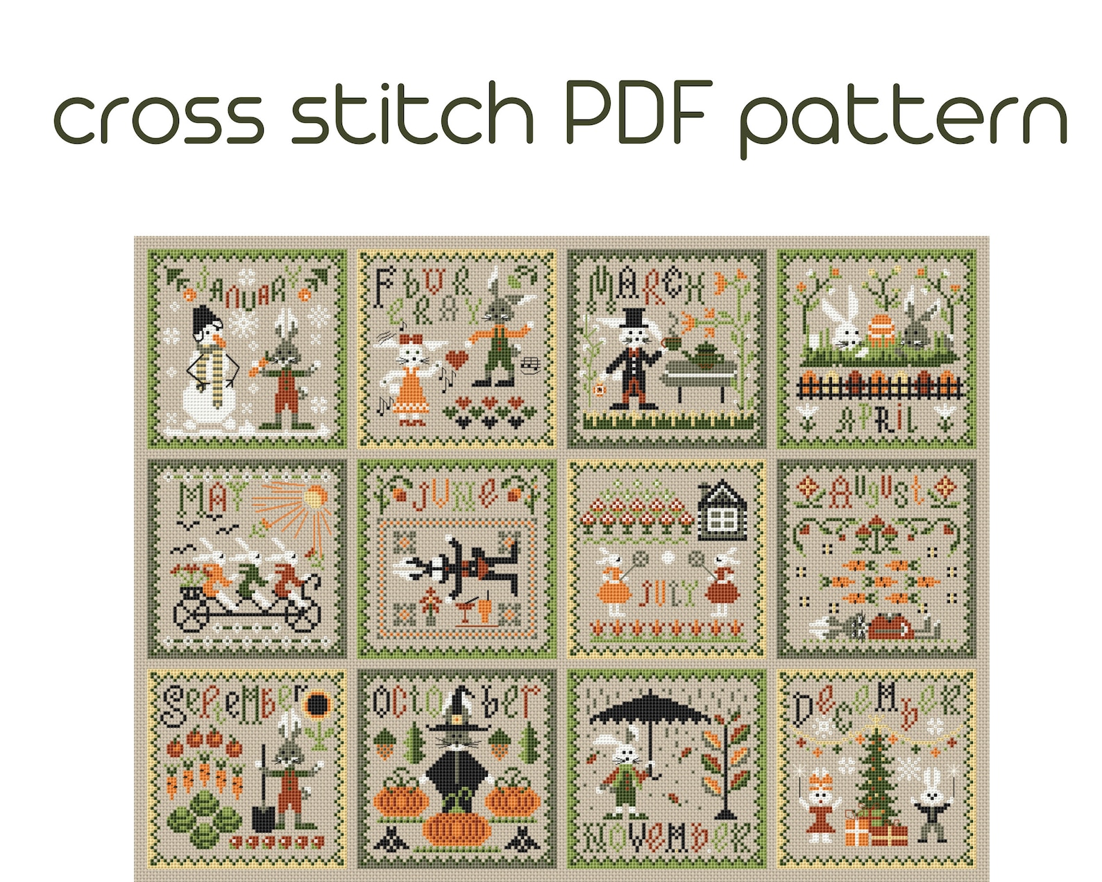 Cross Stitch Months Year Bunny Pattern PDF Primitive Modern Folk ...