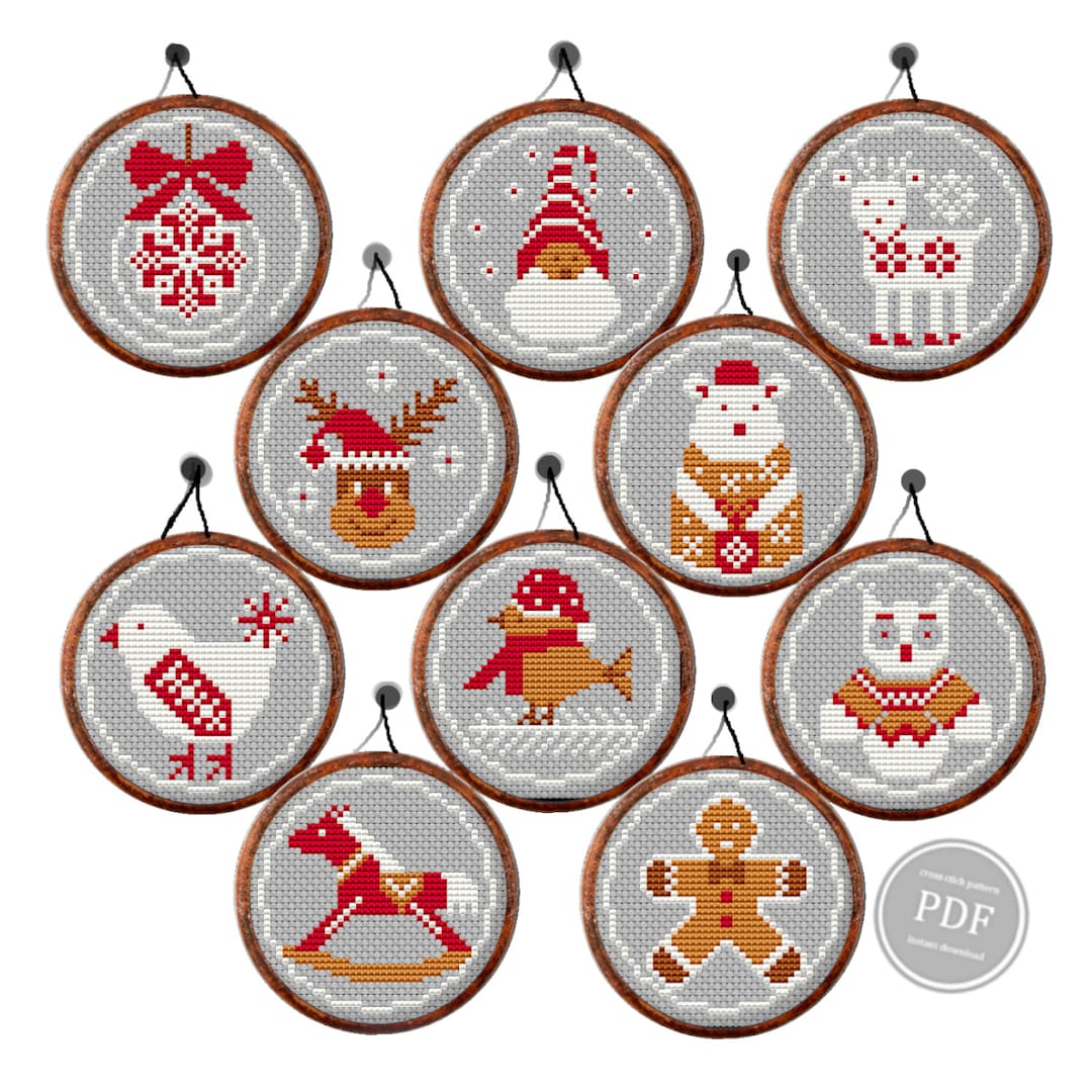 Merry Christmas Cross Stitch Pattern Set, 3 Inch Christmas Hoops ...