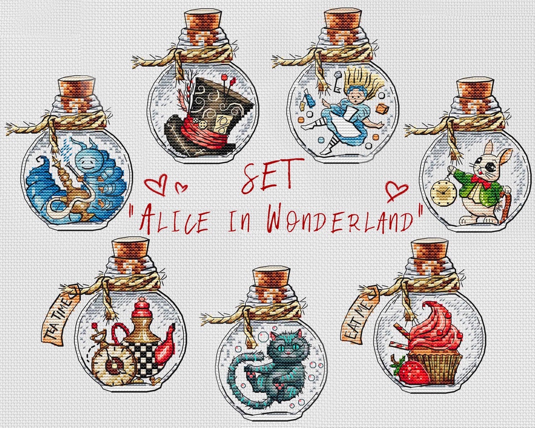Alice in Wonderland Cross Stitch Pattern Set of 7, Bottle Cross Stitch ...
