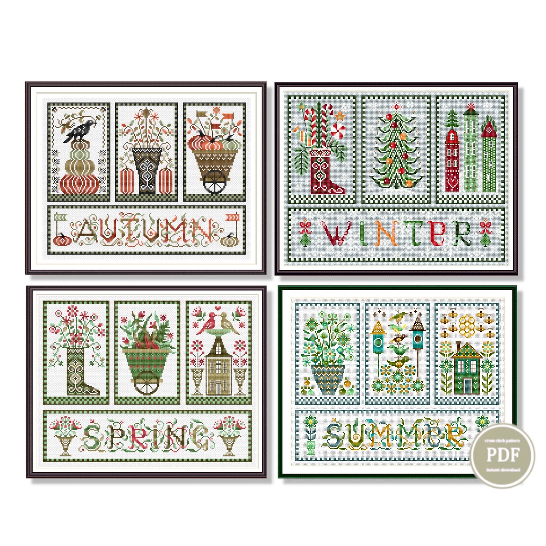 Cross Stitch Pattern Set 4 Seasons Triptych Spring Summer Autumn Winter ...