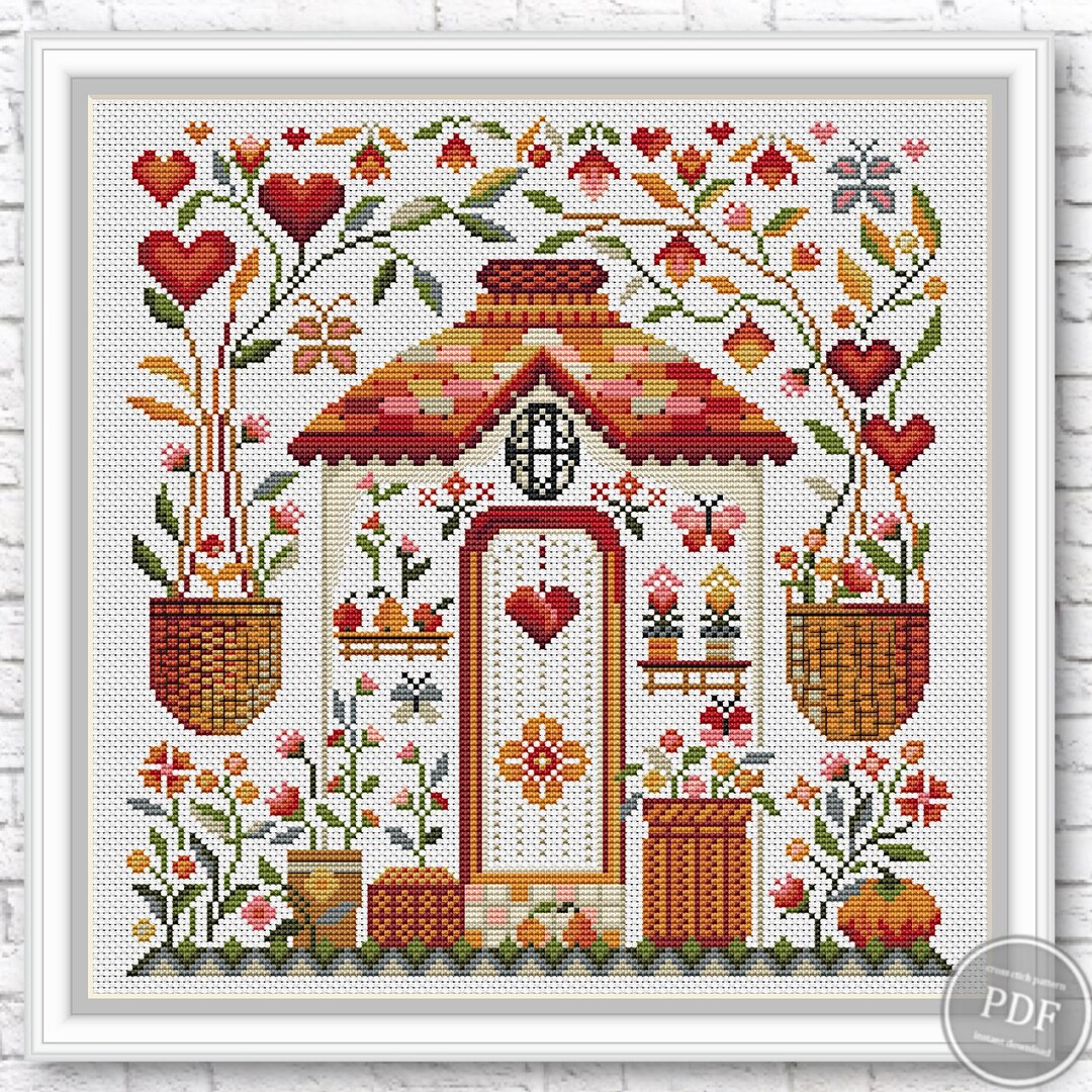 Floral House Cross Stitch Pattern PDF – Primitive Farmhouse Sampler ...